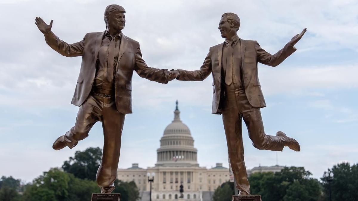 Statue of Donald Trump holding hands with Jeffrey Epstein removed | The ...