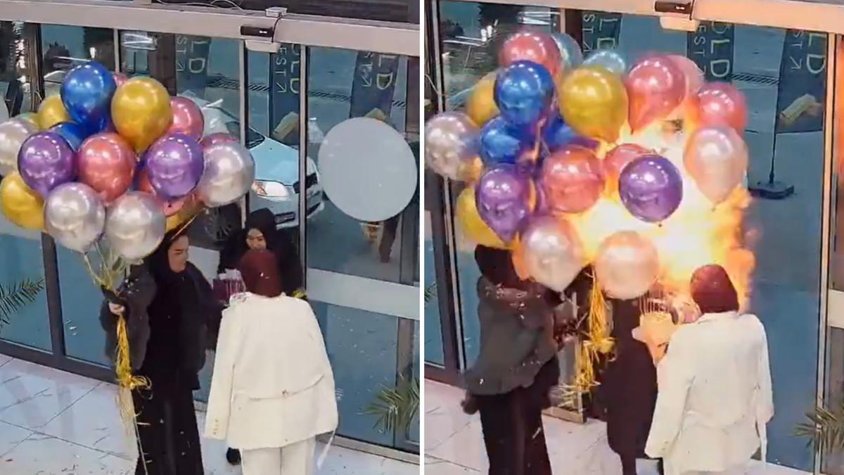 Birthday disaster! Horrifying moment balloons explode creating massive ...